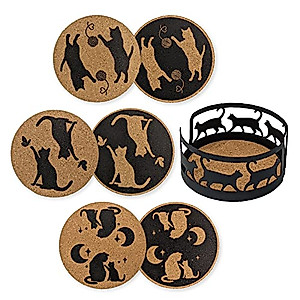 Mango Steam Set of Six Cat Cork Coasters with Decorative Cork Holder, Black
