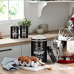 3 Piece Food Jars Canisters Sets, Airtight Coffee Container, Tea Organizer, And Sugar Canister, Rustic Farmhouse Decor for Kitchen Countertop (Black)
