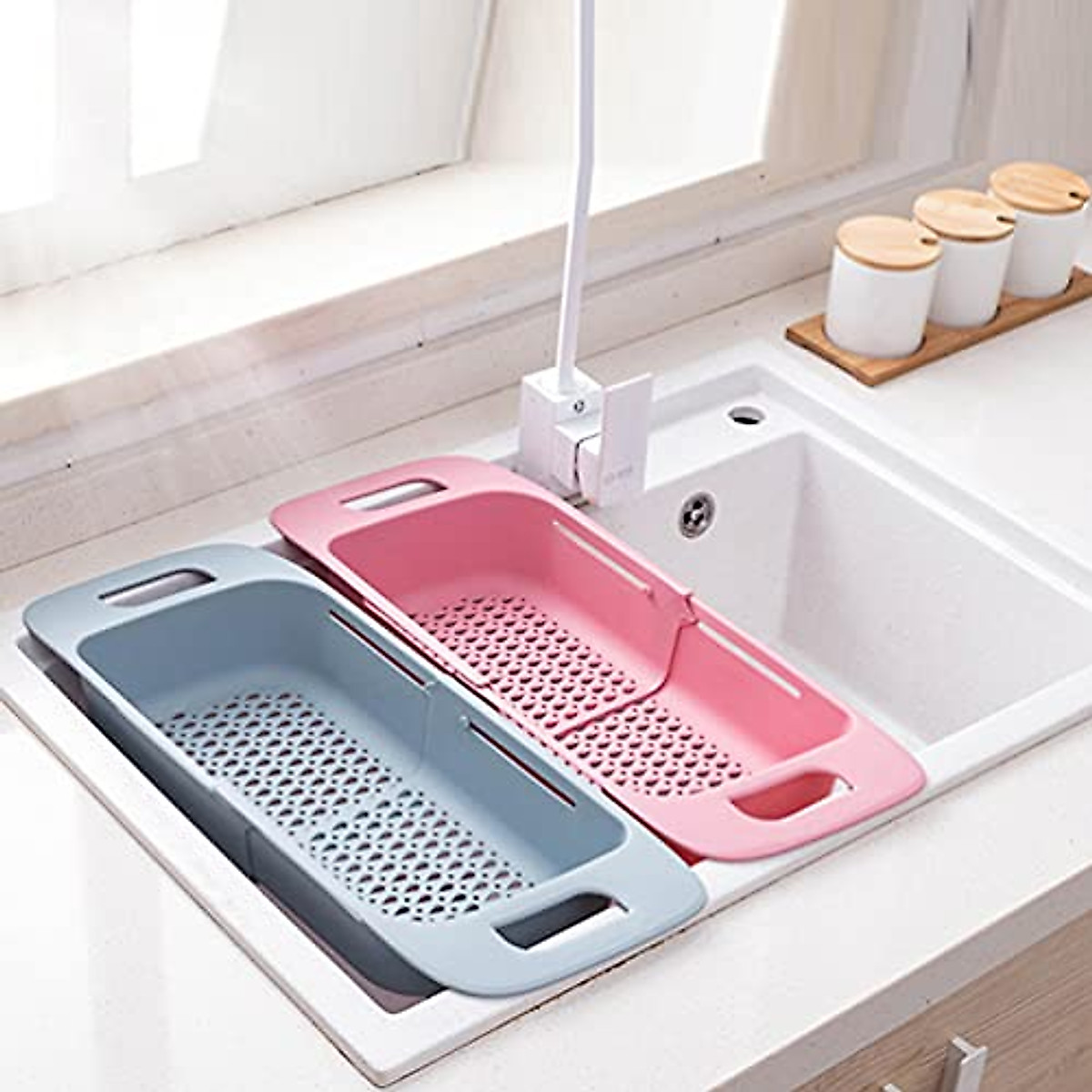 Cabilock Expandable Dish Drying Rack Adjustable Over The Sink Dish Drainer Utensil Silverware Fruit Storage Holder Basket for Home Kitchen Pink