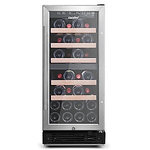 COMFEE' CRW28B7AST Freestanding & Built-in Wine Cooler, 28 Bottles Wine Fridge, Dual Cooling Zone, Digital Control, Glass Door Stainless Steel Frame