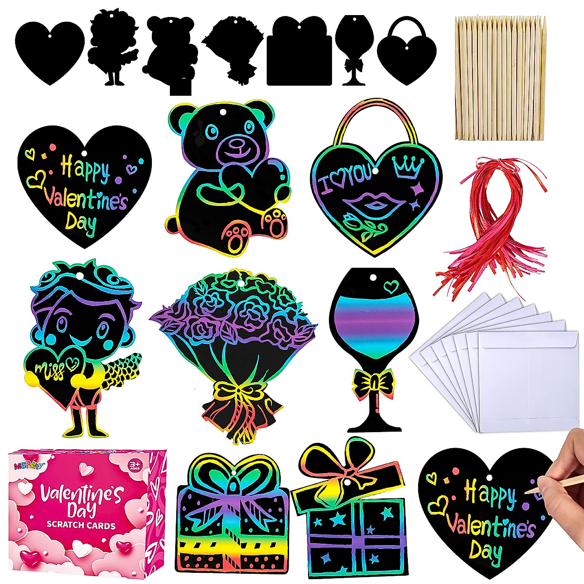 MGparty 48 Packs Valentines Day Gifts Cards for Kids Magic Color Scratch Heart Rainbow Scratch Paper Valentine Crafts for Kids Classroom Exchange Create Rainbow Scratch Art Party Reward