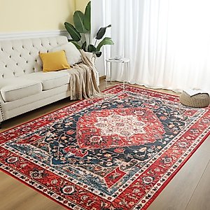 Comeet Area Rug Living Room Bedroom Rug, Washable Vintage Anti Slip Floor Carpet for Dining Home Red/Blue, 5'x8'