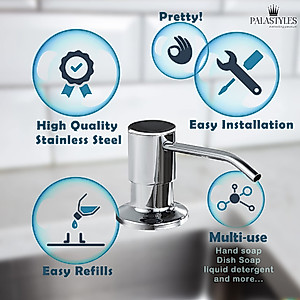 Palastyles Built-in Soap and Hand Lotion Dispenser Pump for Kitchen Sink or Countertop, Crome Polished, with Clear Bottle, Refill from The Top, Fits All Sinks, Easy to Install. (Polished Chrome)