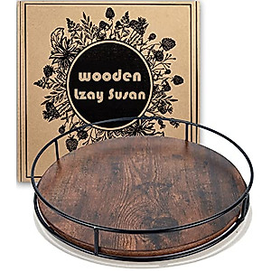 12 Inch Wood Lazy Susan Turntable for Table, Kitchen Rustic Brown Turntable Organizer with Steel Frame, 360 Degree Decorative Turntable for Countertop Cabinet or Centerpieces