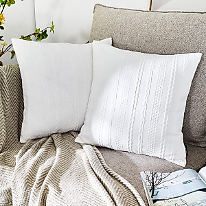 Booque Valley Pack of 2 Decorative Throw Pillow Covers, Ultra Soft Modern Braid Patterned Square White Cushion Covers Stretchy Pillow Cases for Sofa Couch Bedroom(18 x 18 inch, White)