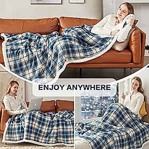 inhand Sherpa Throw Blanket, Plaid Warm Cozy Soft Throw Blankets for Couch, Bed, Sofa，Reversible Fluffy Plush Flannel Fleece Blankets and Throws for Adults Women Men(Navy Blue, 50”x 60”)
