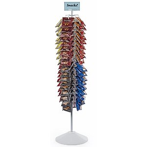 Displays2go Chip Display Stand, 72 Clip Spinner Design, Top Carousel Plastic Header - White (CCFR72WH)