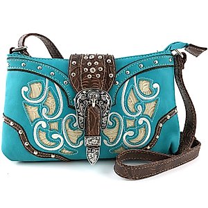 Justin West Western Tooled Laser Cut Rhinestone Buckle Messenger Bag Purse with Long Crossbody Strap (Turquoise)