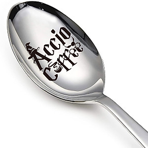 Accio Coffee Funny Stainless Steel Engraved Spoon, Long Handle Coffee Tea Spoon Dessert Spoon for Coffee Lover Potter Fan Bookworm Birthday Christmas Gifts