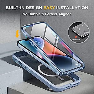 Miracase Magnetic iPhone 14/13 Case with Magsafe, Full-Body Bumper, Anti-Fingerprint 9H Tempered Glass, Dust Port - Blue
