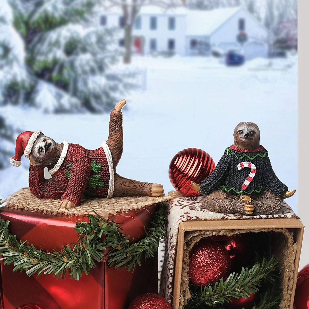 BELLA HAUS DESIGN Yoga Sloth Figurines in Ugly Christmas Sweaters 3" - Polyresin Mini Statue for X-mas Home Decoration, Secret Santa White Elephant Gift Exchange