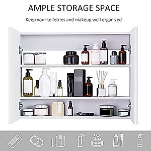 HOMCOM Double Door Wall Mounted Bathroom Mirror, 31.5" x 23.5" Medicine Cabinet with Modern Design, Large Storage, & Quiet Hinges
