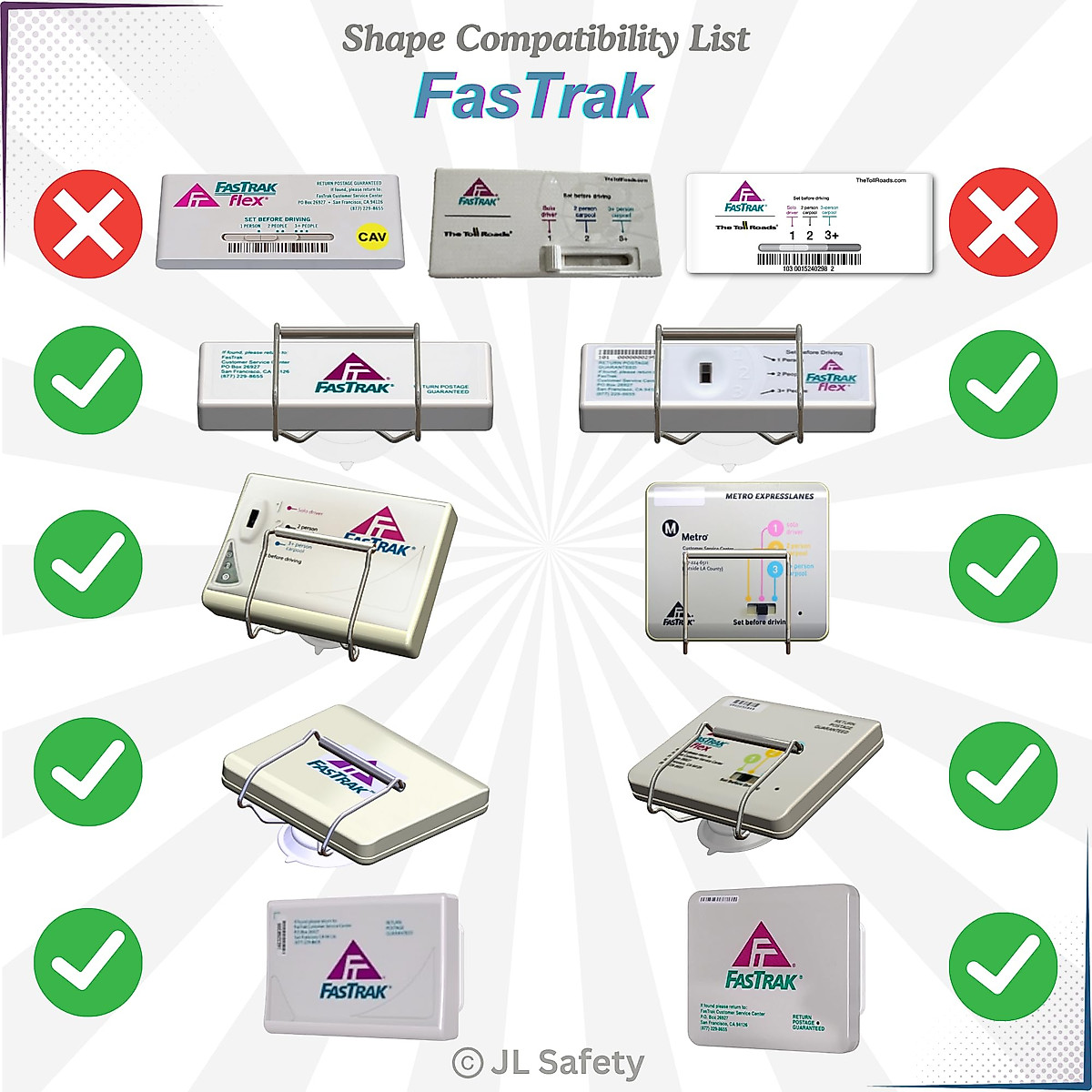 JL Safety EZ Pass Holder - Indestructible Toll Pass Holder for EZ-Pass, I Pass, FasTrak, SunPass & SunPass Pro, Uni, NC QuickPass, EPass Xtra, 91 Express Lanes & more - Made in USA