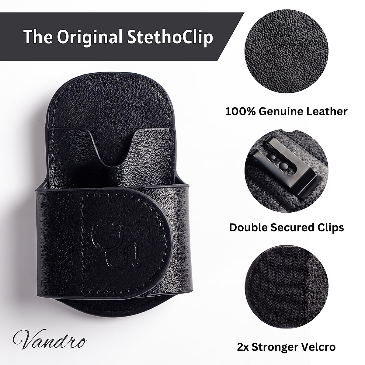 The Original StethoClip - Genuine Leather Stethoscope Holder for 3M Littmann & Most Stethoscopes - Quick Hip Access Holster - Stethoscope Holder Hip Clip for Physicians, EMTs, Nurses & Students