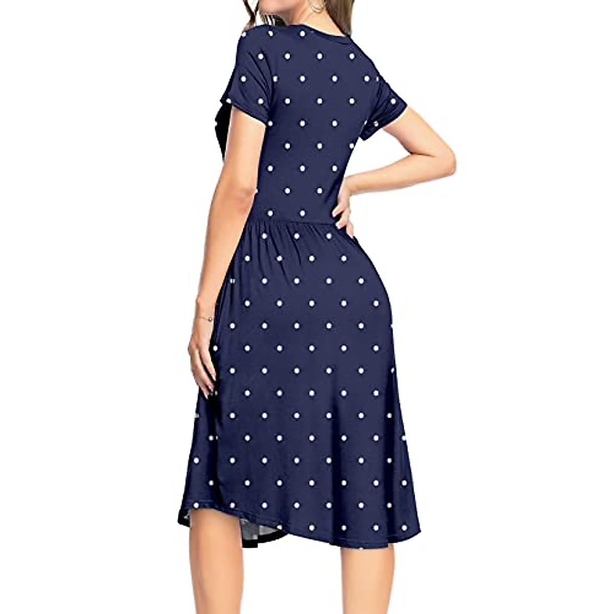 YUNDAI Ladies Knit Cotton Polka Dot Teacher Flowy Swing Knee Length Dress Medium, Dot Navy