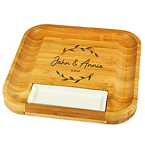 Personalized Engraved Bamboo Cutting Board for Cheese & Charcuterie with Ceramic Dish, Knife Set & Cheese Markers -by Picnic at Ascot USA