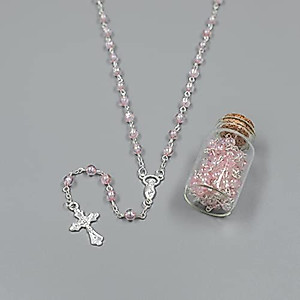 Baptism Favor (12PCS) Holy Communion Rosary in Glass Bottle Jar Recuerdos De Bautizo Quinceanera Clear Pink Pearl Christening Recuerdos para Primera Comunion Niño Quinceanera/Gift for Guests