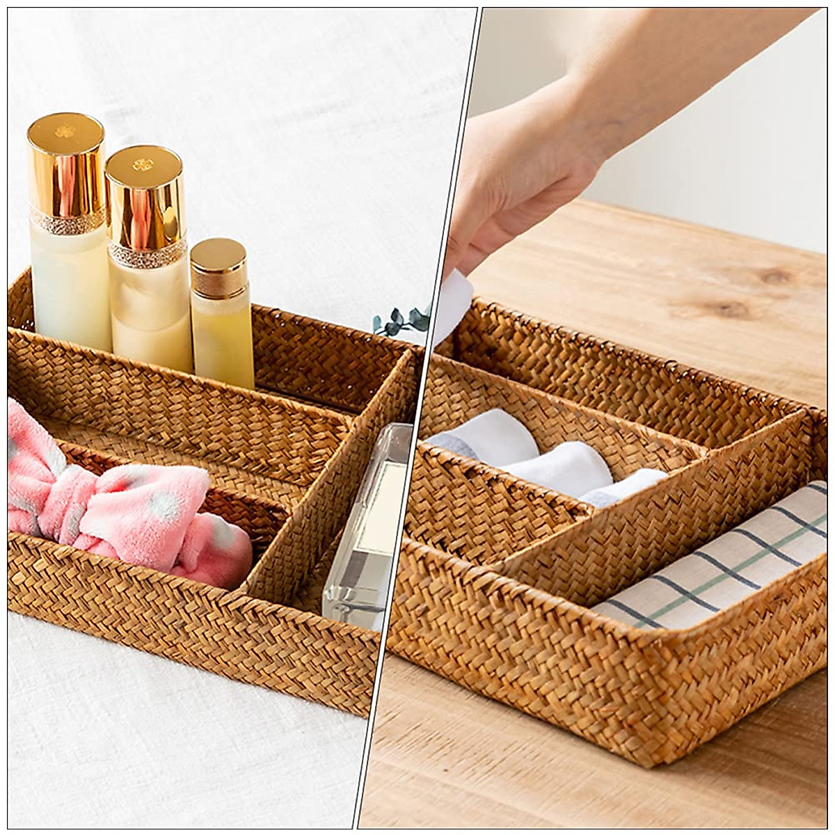 Zerodeko Rattan Flatware Tray Kitchen Utensil Drawer Organizer Wicker Serving Basket Flatware Cutlery Organiser Tray Farmhouse Woven Cutlery Forks Holder Dividers