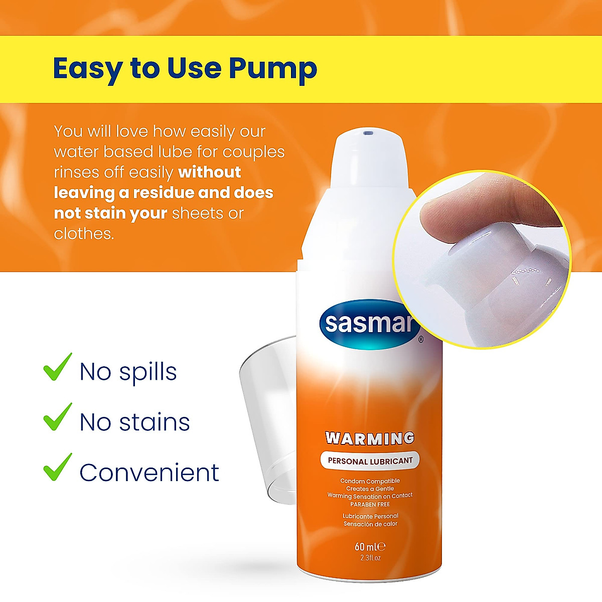 SASMAR Warming Lubricant Men, Women, Couples, Him, Her – Water Based Personal Lube - Long lasting Formula, Paraben Free, No Residue – Compatible With All Condoms & Toys - 2.3 oz