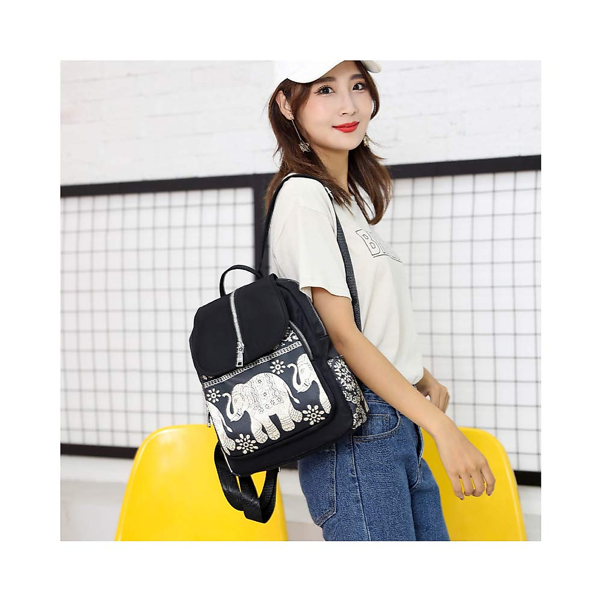 JOZZYAPA Elephant Lightweight Waterproof Rucksack Nylon Anti Theft Canvas Black Backpack Lovely Unique Gifts for Women and Girls, 263310cm