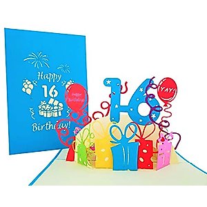 iGifts And Cards Happy 16th Birthday with Presents 3D Pop Up Greeting Card – Sweet Sixteen Granddaughter Gift, Awesome Unique 16 Grandson Present, Turning 16 Special Birthday Card For Son, Daughter