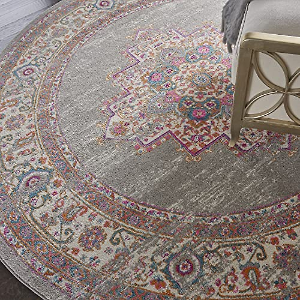 Nourison Passion Grey 8' x Round Area -Rug, Boho, Traditional, Easy -Cleaning, Non Shedding, Bed Room, Living Room, Hallway, (8' Round)