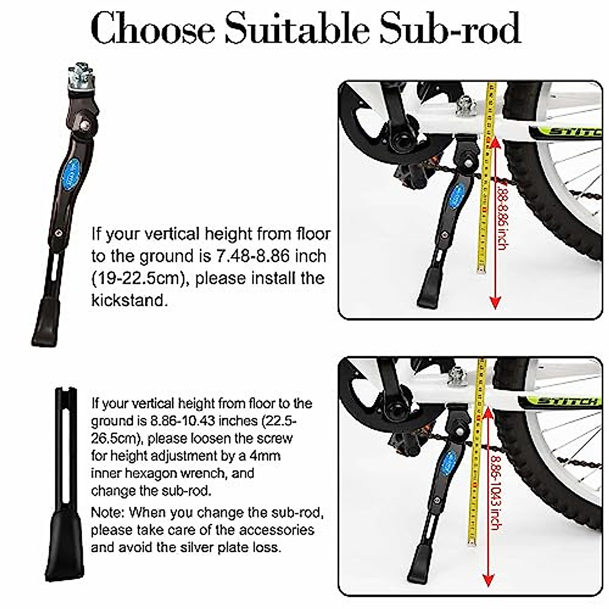 Cyfie Bike Kickstand for 16 18 20 inch Wheel, Adjustable Center Mount Bicycle Kickstand for Kids Bike Aluminum Alloy Children's Kick Stand for 16 18 inch Wheel with 20 22 Inch Sub-Rod