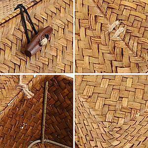 YRHOME Seagrass Rattan Basket Storage with Lid, Natural Hand-woven Rectangular Household Basket Bins for Organizer Boxes Shelf Desk (Original 10.2’’D X 6.7’’W X 4.3’’H)