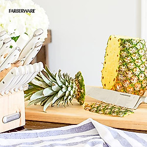 Farberware 15-Piece Forged Triple Rivet Knife Block Set, Razor-Sharp Kitchen Knife Set with Wood Block, High-Carbon Stainless Steel, White