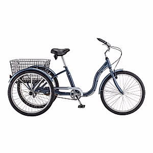 Schwinn Meridian Adult Tricycle Bike, Mens and Womens Three Wheel Beach Cruiser, 24-Inch Wheels, Low Step-Through Frame, Wide Seat, Rear Folding Basket, 1-Speed, Slate Blue