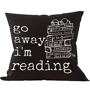 Mancheng-zi Funny Quotes Go Away I'm Reading Throw Pillow Case, Gift for Book Lover Friend, Bedroom Reading Book Club Decor,18 x 18 Inch Black Linen Cushion Cover for Sofa Couch Bed (Black)