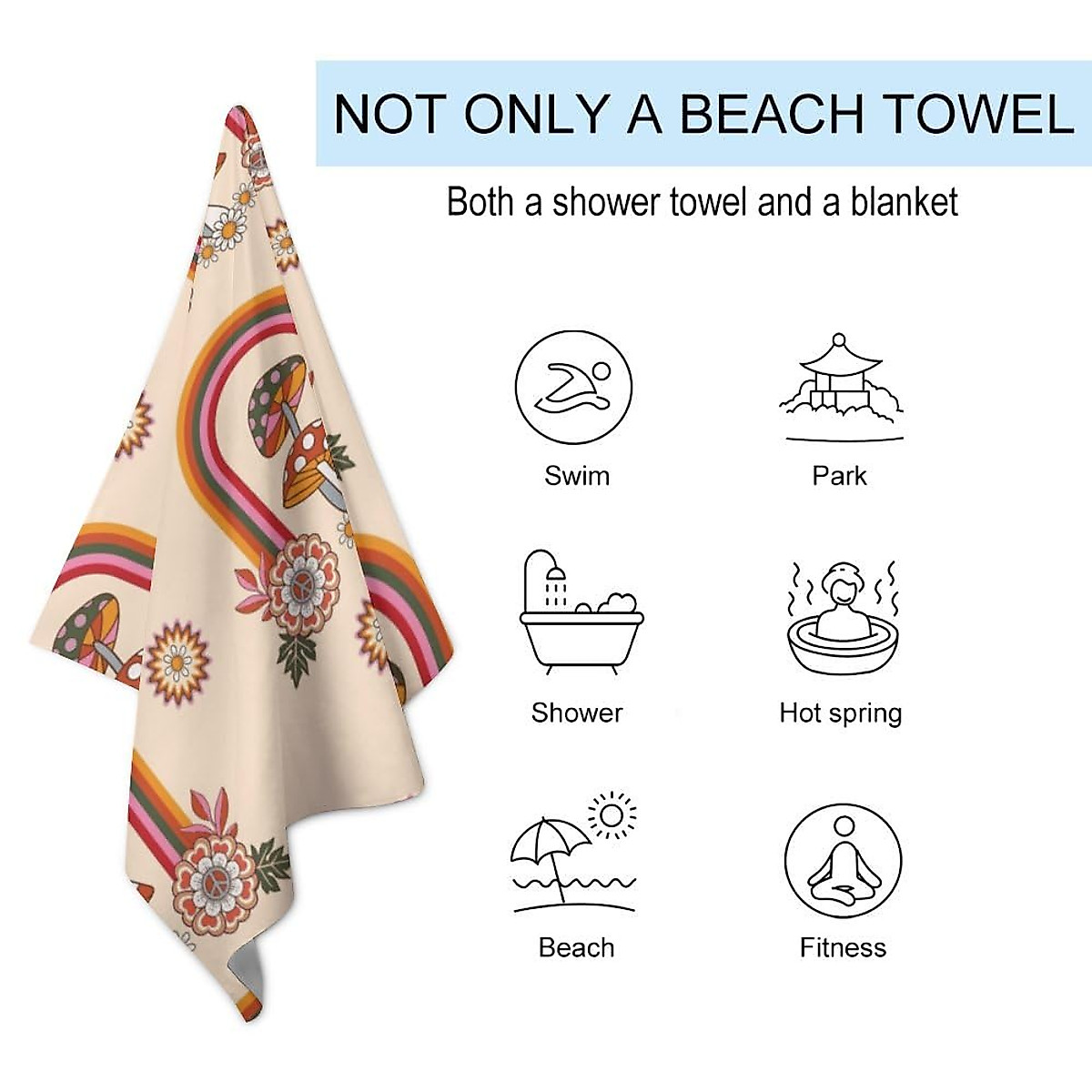 ZHIMI Beach Towels Oversized Boho Rainbow Flowers Mushroom Hand Bath Towel Pool Towels Microfiber Absorbent Sand Free Quick Dry Towels for Bathroom Gym Camping Women Men 31x51Inch