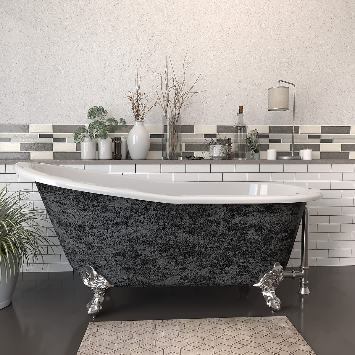 Cambridge Plumbing Scorched Platinum 67-inch x 30-inch Cast Iron Slipper Bathtub with-inch 7-inch Deck Mount Faucet Holes and Brushed Nickel Ball and Claw Feet