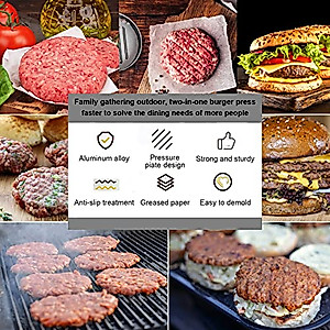 Amuideasy Burger Patty Maker, Aluminum Double Hamburger Press Patty Maker Wood Handle Meat Press Grill Burger Mold with 100 Patty Papers