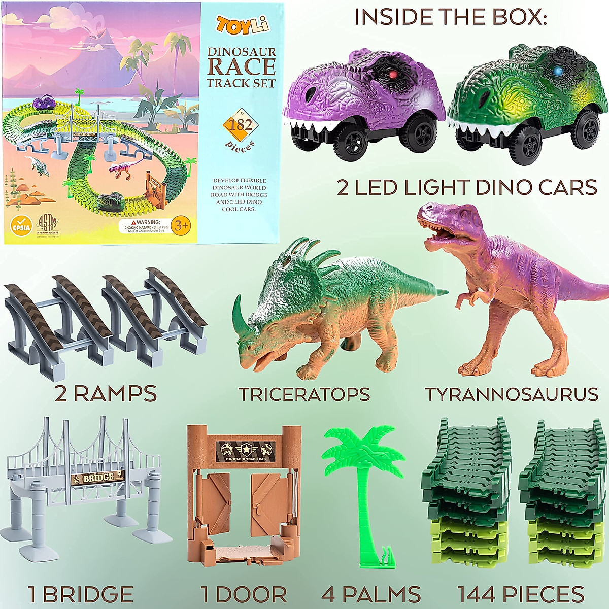 TOYLI Dinosaur Race Track Set 182 Pieces, Dino Track Flexible Dinosaur Road Race Playset with Bridge, Ramps, Dinosaur Track Toy Set is a Great 3 Year Old boy Gift.