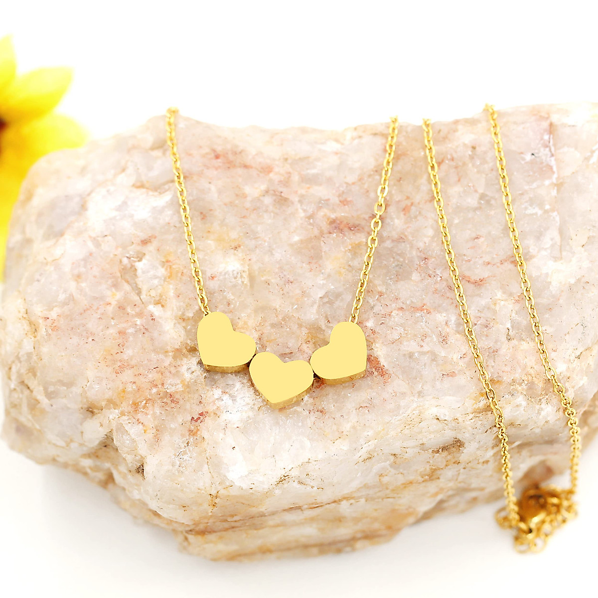 3 Gold Hearts Best Friends Necklace - Custom Engraving Triple Heart Pendant Necklace Long Distance Friendship Jewelry Birthday Gift (Gold)