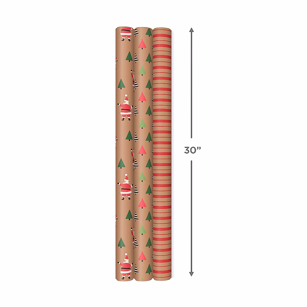 Hallmark Recyclable Christmas Wrapping Paper with Cut Lines on Reverse (3 Rolls: 90 sq. ft. ttl) Kraft Brown with Santas, Green Trees, Red Stripes
