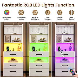 VIAGDO Tall Nightstand with Charging Station and LED Lights, Large White Night Stand with Bookshelf, Modern LED Bedside Table with 3 Drawers and Storage Shelves, End Side Table for Bedrooms, Dorms