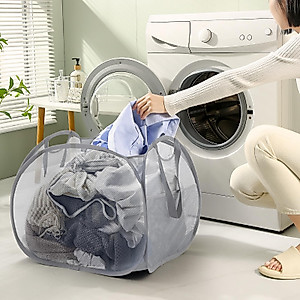 TECHMILLY Collapsible Mesh Pop Up Laundry Hamper with Strong Handles, Large Opening Clothes Hamper with Side Pockets, Storage Baskets for Dorm, Laundry Room, Bathroom or Travel (Grey, 90L)