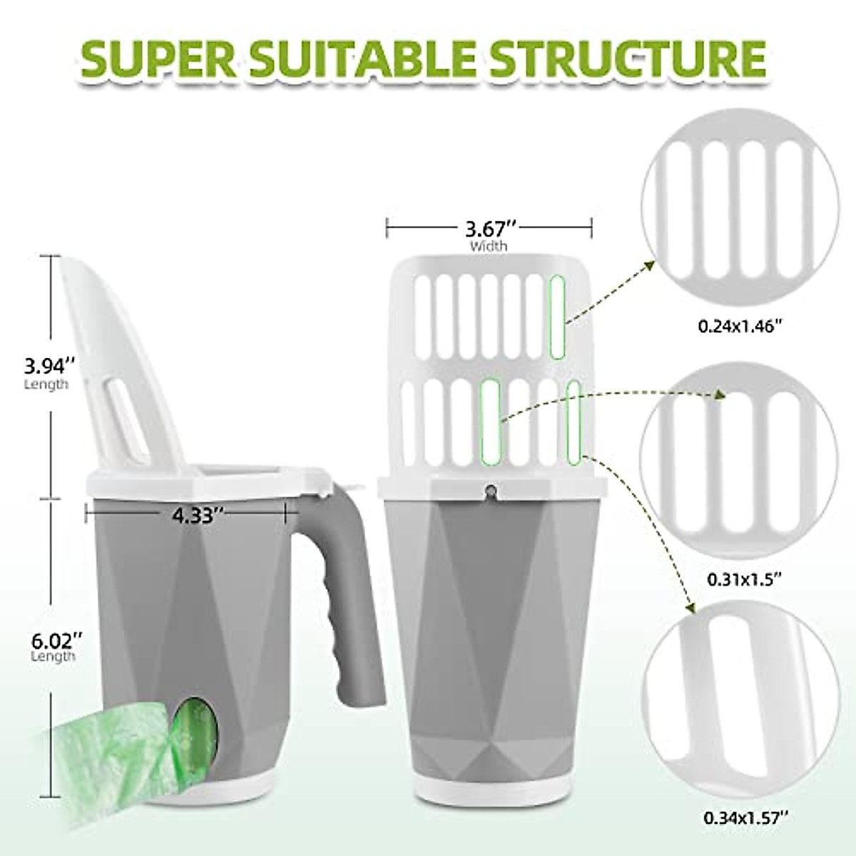 Ksqen Cat Litter Scoop, Portable Kitty Litter Scoop, Removable Litter Scooper with Holder, Cat Litter Sifter Pooper Scooper System with Bags (Grey)