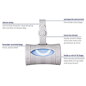 Ubbi Retractable On the Go Bag Dispenser for Travel, Diaper Bag Accessory Must Have for Newborn, Helpful Item, Baby Gift, Lavender Scented, Gray