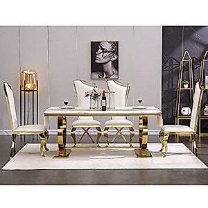 ACEDÉCOR Modern Dining Room Table with Gold Stainless Steel Metal U-Base in White Gold