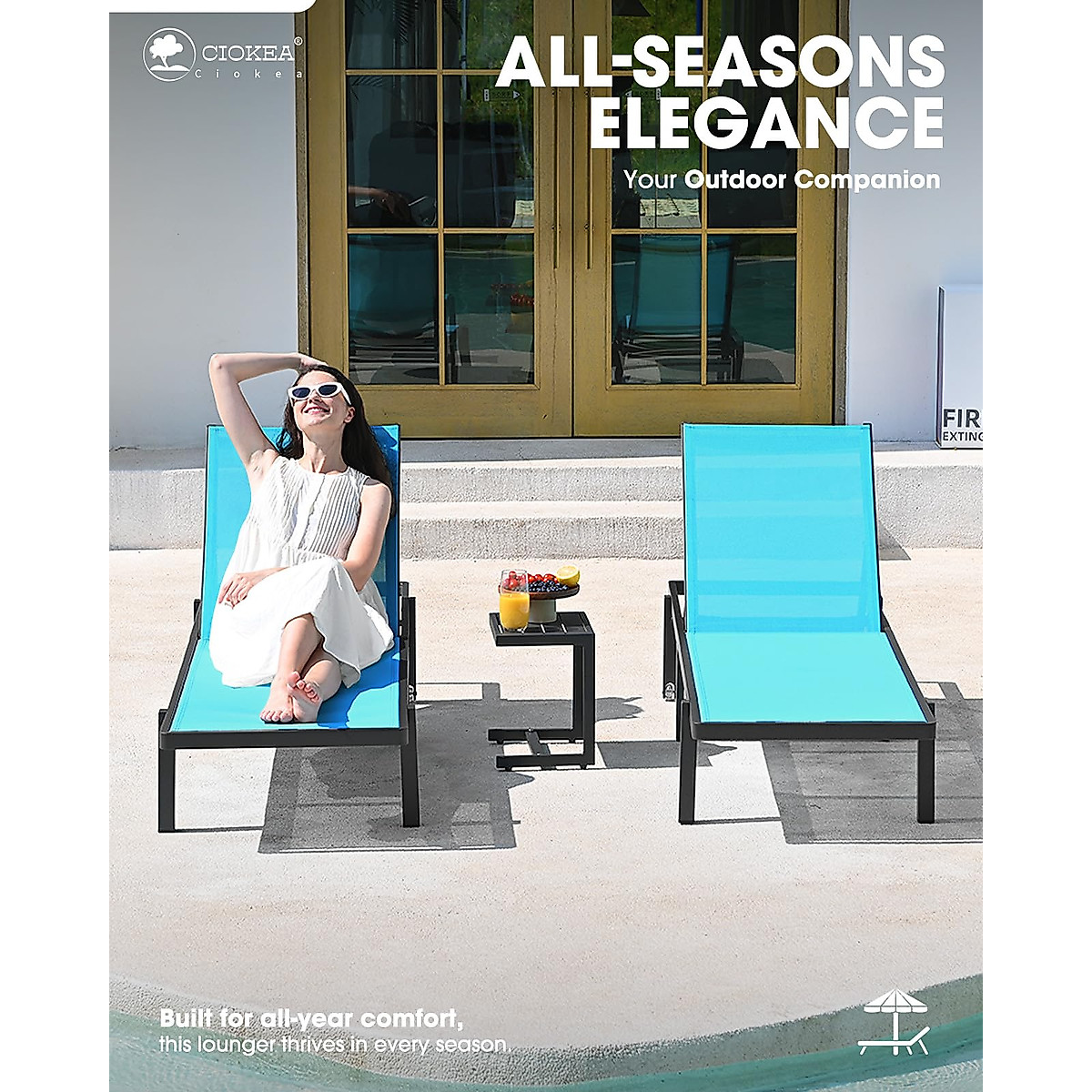 Aluminum Chaise Lounge Chair Outdoor with Wheels, Patio Lounge Chair with Adjustable 5-Position Recliner and Full Flat Tanning Chair for Patio, Beach, Pool, Lake Blue