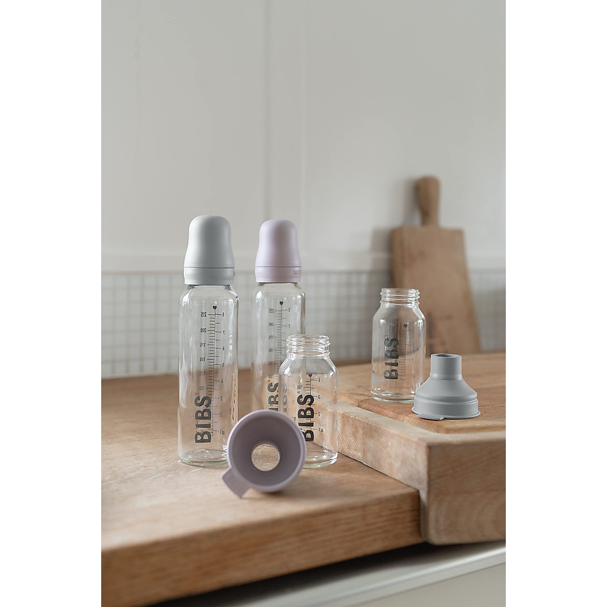 BIBS Baby Glass Bottle. Anti-Colic. Round Natural Rubber Latex Nipple. Supports Natural Breastfeeding, Complete Set - 110 ml, Cloud