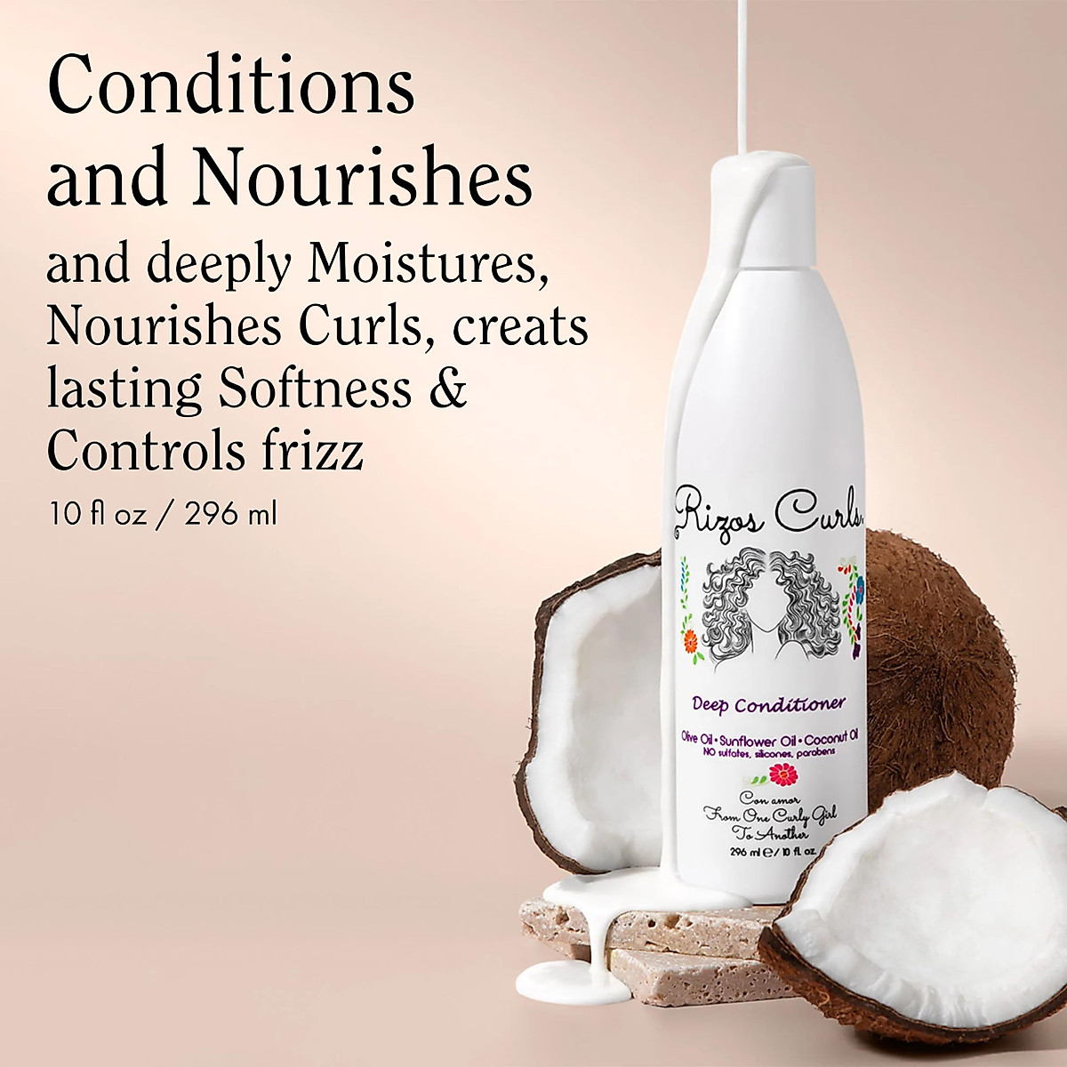 Rizos Curls Deep Conditioner, Strengthens & Moisturizes Hair while Controlling Frizz, Add Softness and Manageability with Coconut Oil, Sunflower Oil & Shea Butter, 10 oz