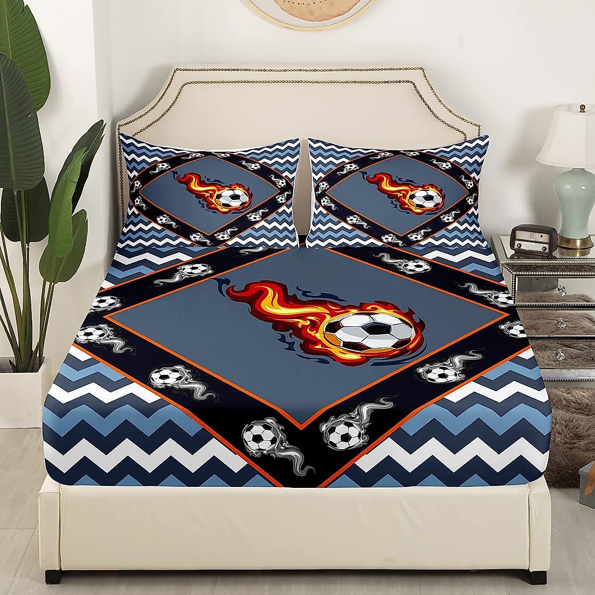 Erosebridal Soccer Sheet Set for Kids Boys Girls,Black Blue Geometric Striped Bed Sheets King,Flame Football Bedding Set,Modern Sports Ball Print Fitted Sheet + Top Sheet + 2 Pillowcases