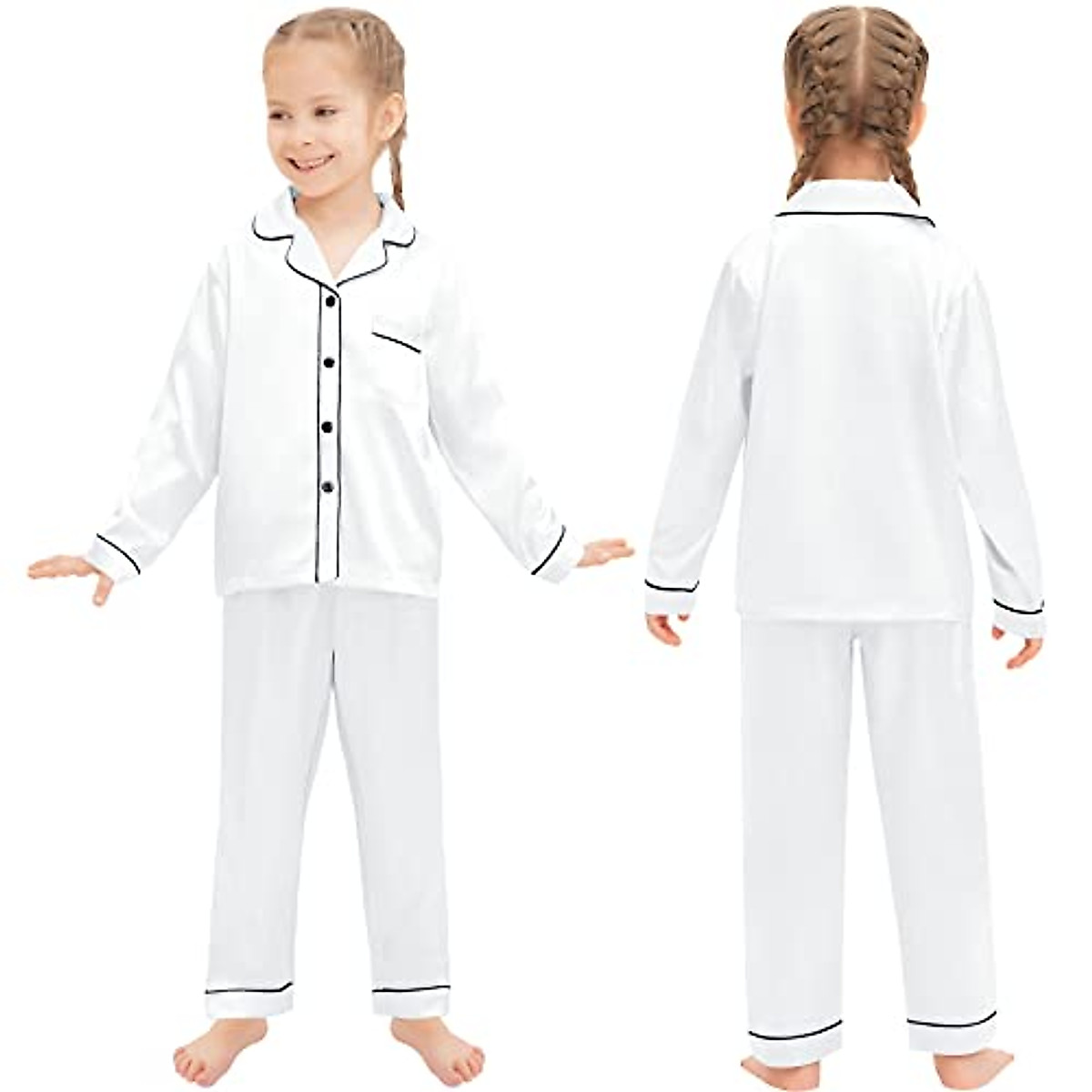 SWOMOG Womens Silk Satin Pajamas Set Two-piece Pj Sets Sleepwear Soft Loungewear Button-Down Pj Sets White