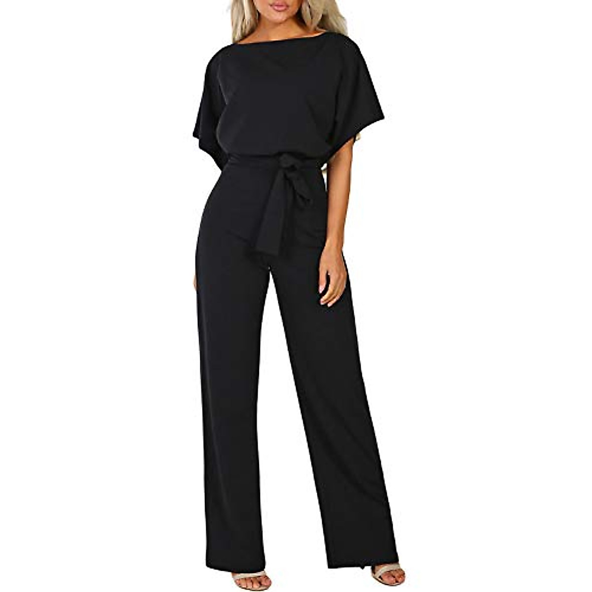Happy Sailed Women Casual Loose Short Sleeve Belted Wide Leg Pant Romper Jumpsuits Medium Black