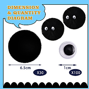 30 Pieces 2.6 Inch Black Pom Pom Balls Fluffy Craft Pom Poms Large Black Pom Poms Creative Crafts Decorations with 100 Pieces Plastic Self-adhesive Googly Eyes for DIY Craft Christmas Party Decoration