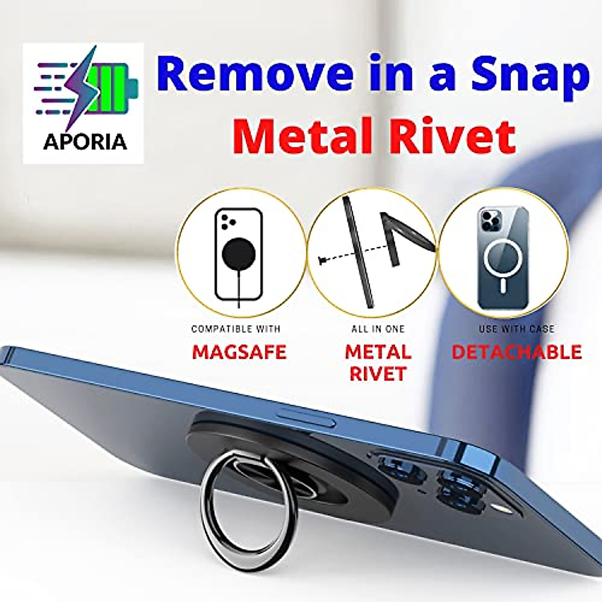 Aporia - Compatible for MagSafe Phone Ring Holder for iPhone 14 13 12 Mini Pro Max Plus Finger Ring Grip Stand | Removable Detachable Metal Gripper (Silver)